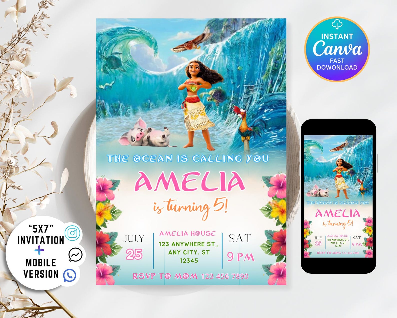 Editable Moana Birthday Invitation, Printable Digital Hawaiian Moana ...