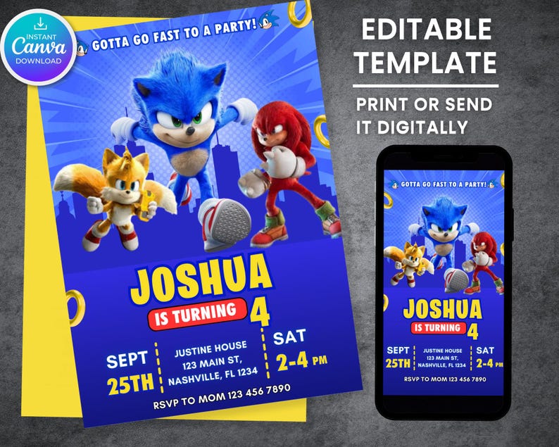 Editable Sonic Birthday Invitation, Sonic the Hedgehog Birthday ...