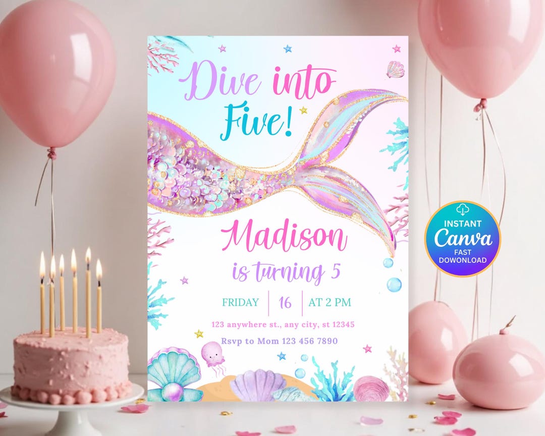 Dive Into Five 5th Birthday Mermaid Invitation, Mermaid Bash Under the ...