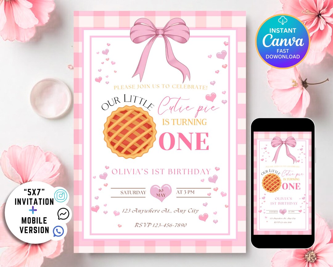 Cutie Pie First Birthday Invitation, Autumn Pie Themed Party One Pink ...