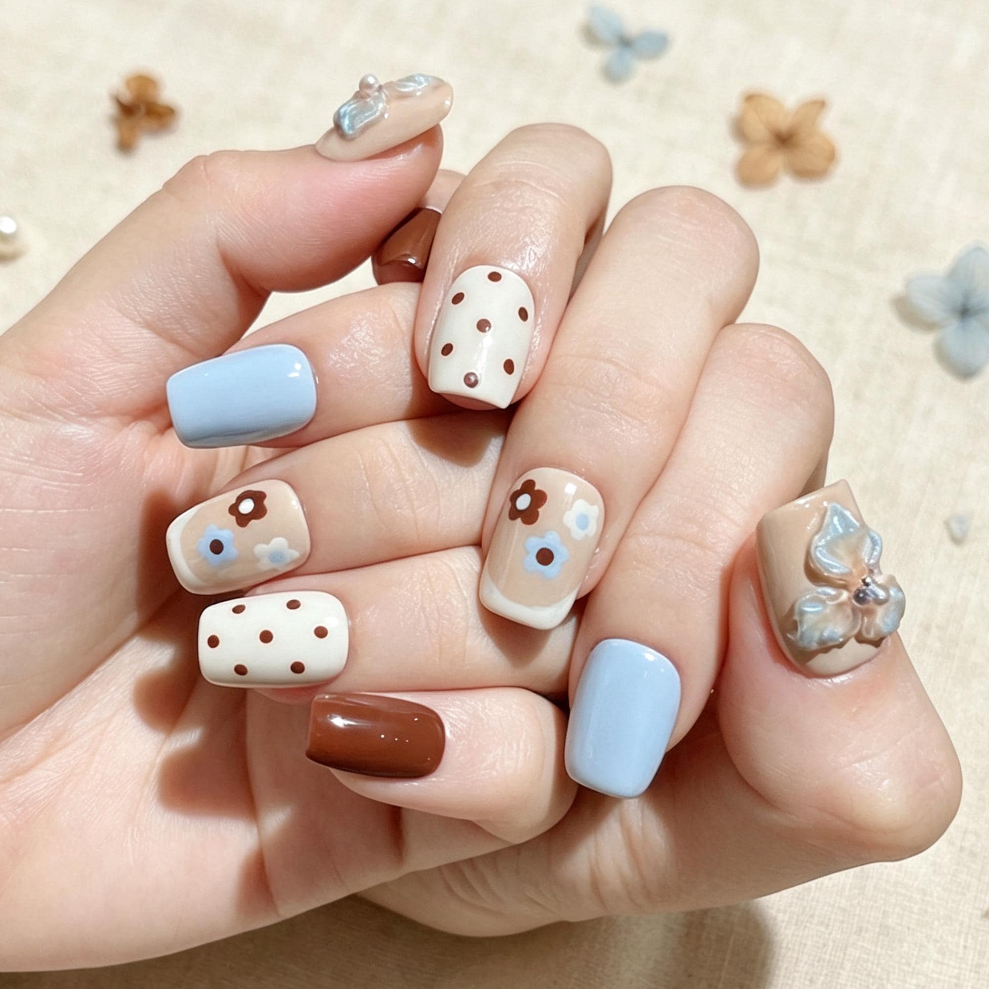 Latte Core Press on Nails | 3D Iridescent Flower, Polka Dot Nail Art ...