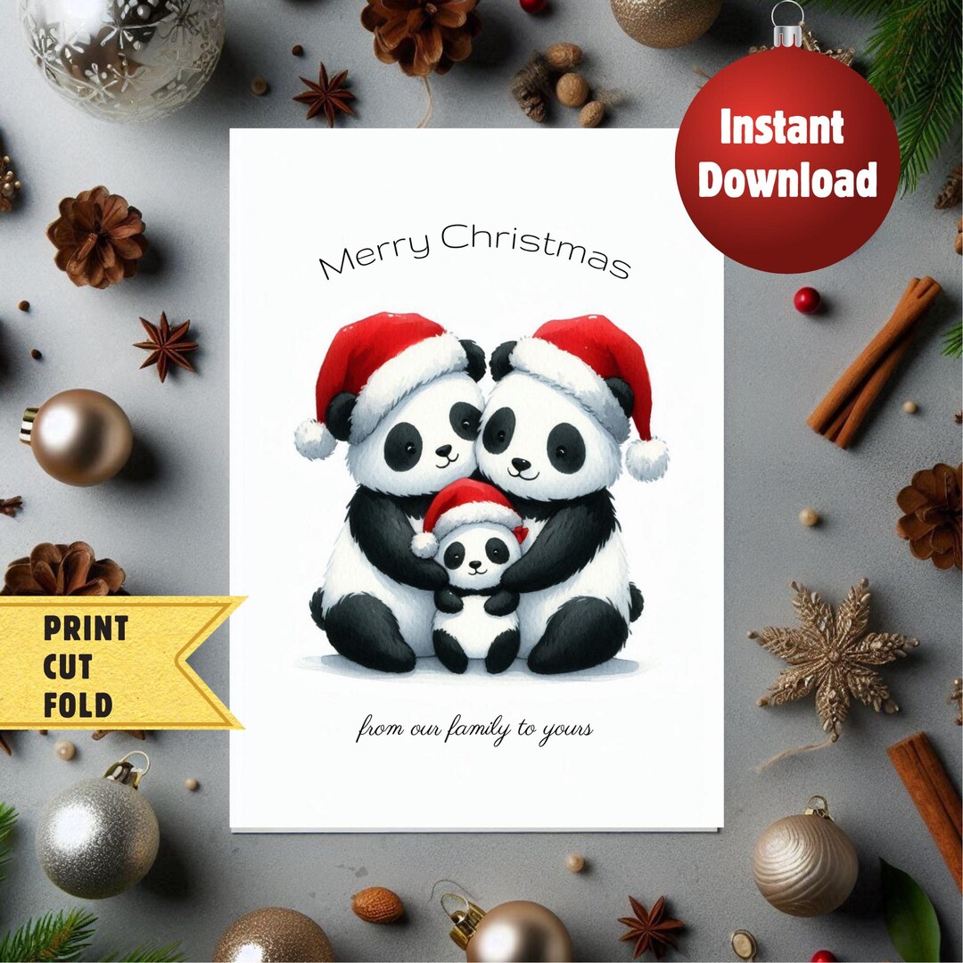 Panda Christmas Card Printable Digital Download Cute Panda Holiday Card ...
