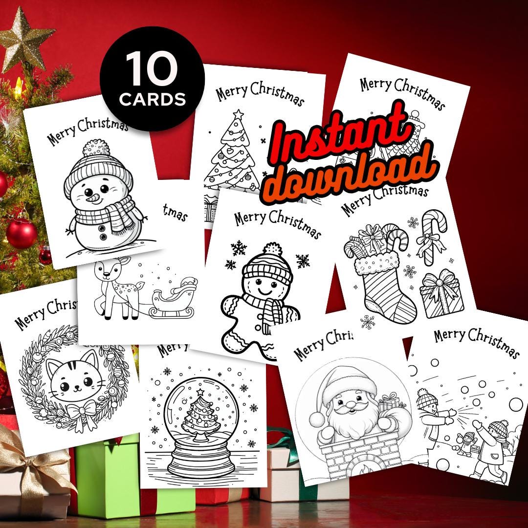 Printable Coloring Christmas Cards for Kids Set of 10 Bold and Simple ...