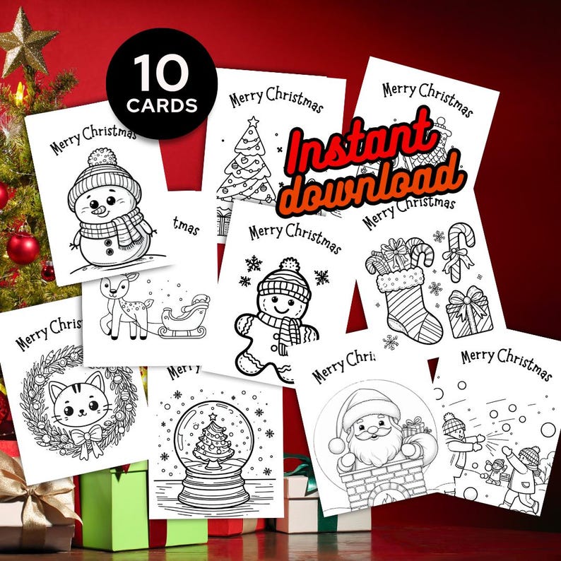 Printable Coloring Christmas Cards for Kids Set of 10 Bold and Simple ...