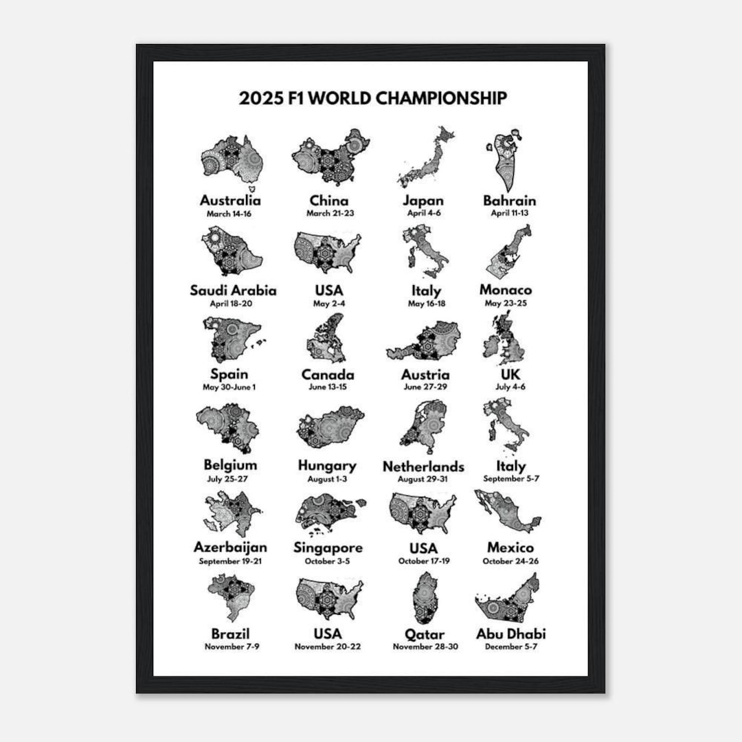 2025 F1 World Calendar Grand Prix Wall Art Poster With Mandala Designs ...