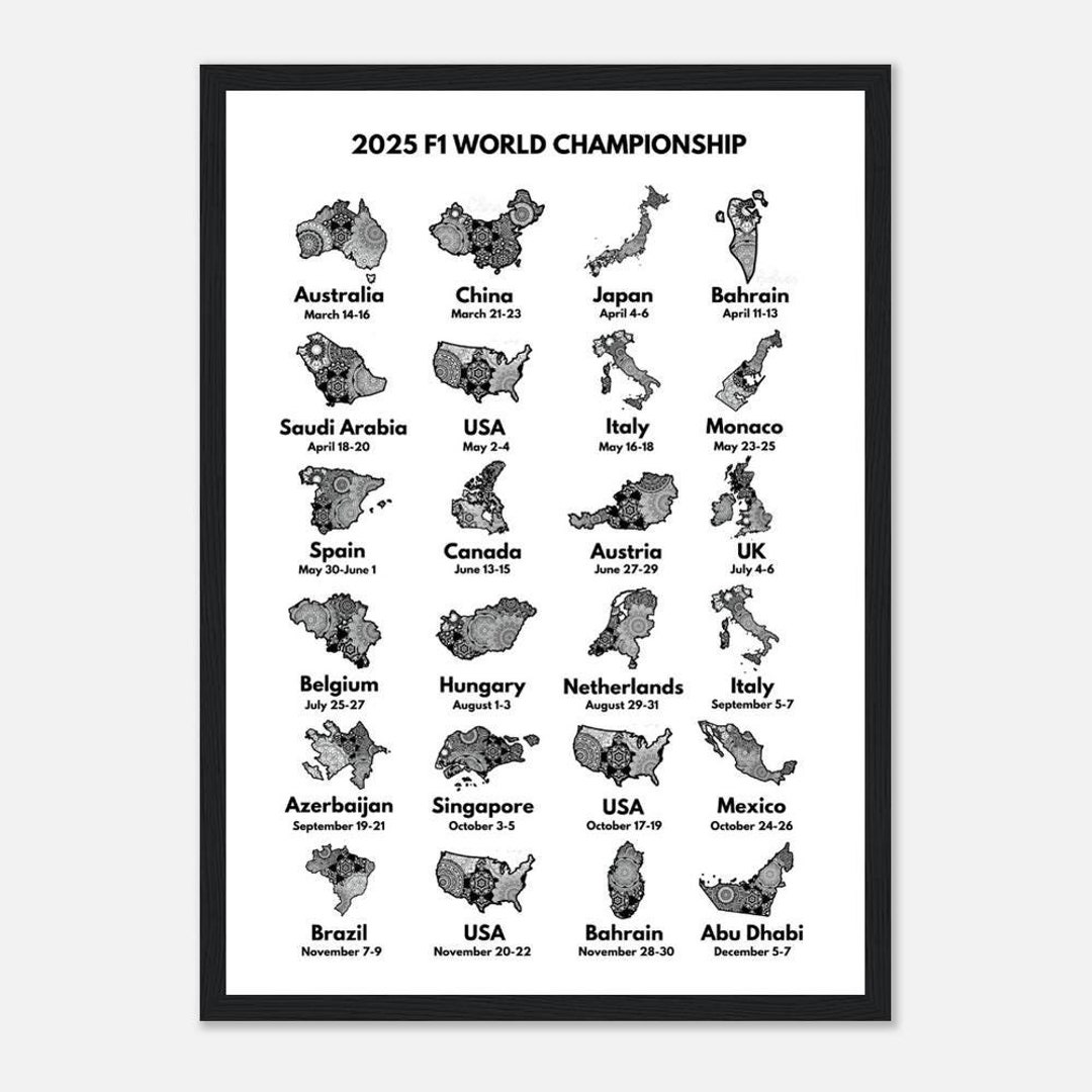 2025 Formula 1 Calendar Grand Prix Wall Art Poster Featuring Mandala ...