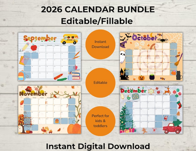 Full 2026- Kids Calendar | Visual Schedule for Toddlers | Editable ...