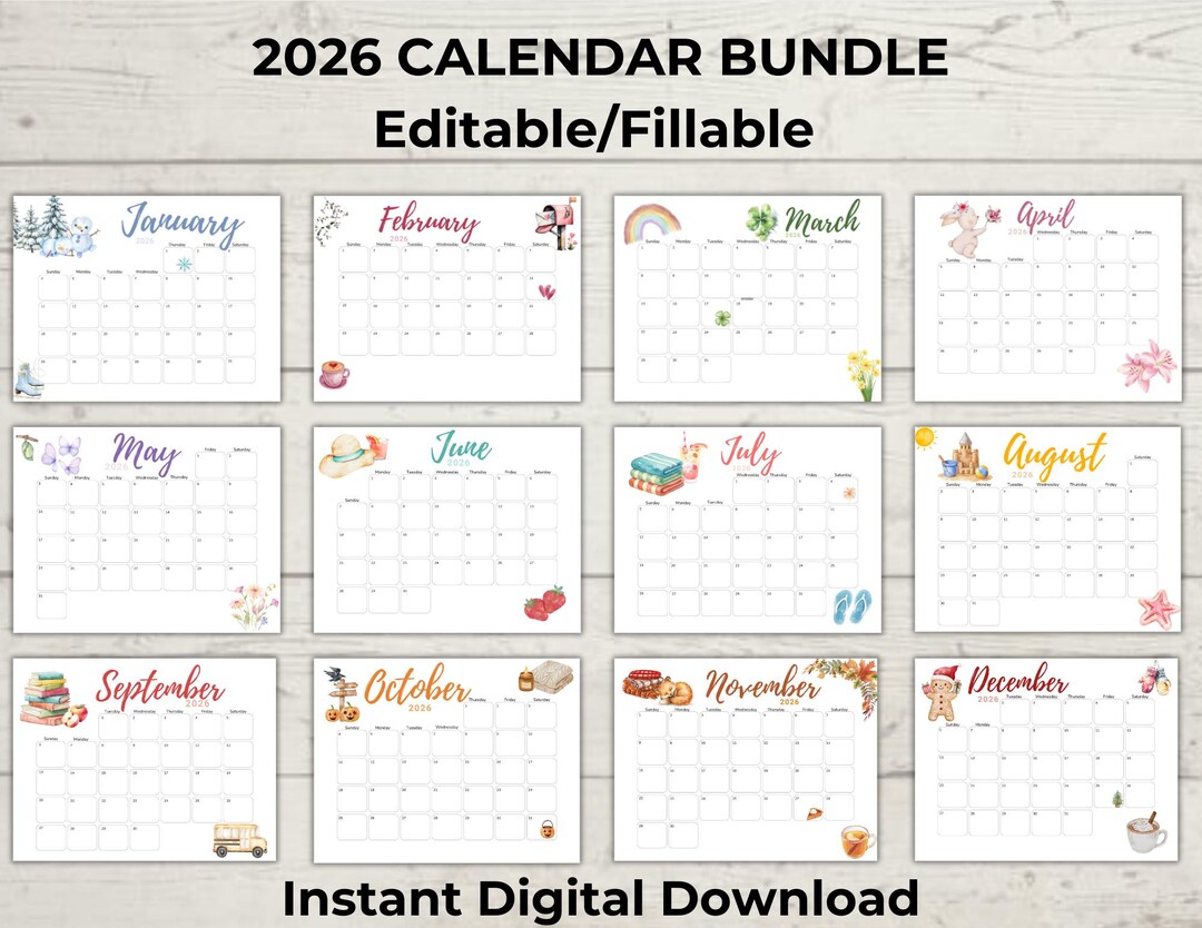 2026 Watercolor Monthly Calendar Bundle | Minimalist Printable Calendar ...