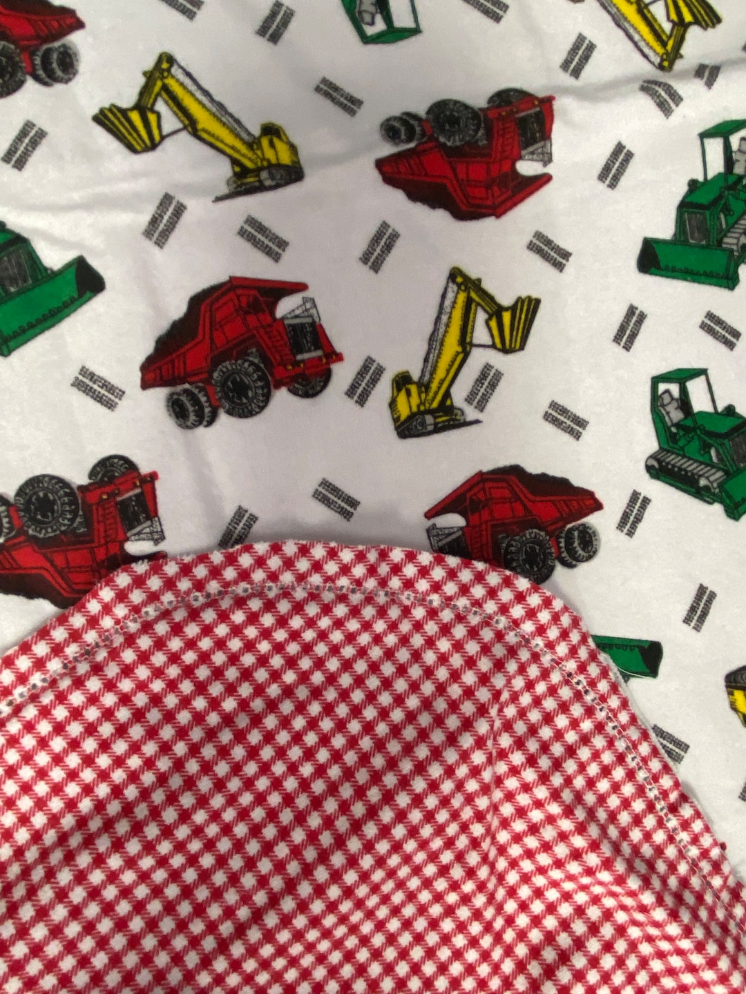 Construction Vehicles on White and Red Check 42x45" Hemstitched Baby ...