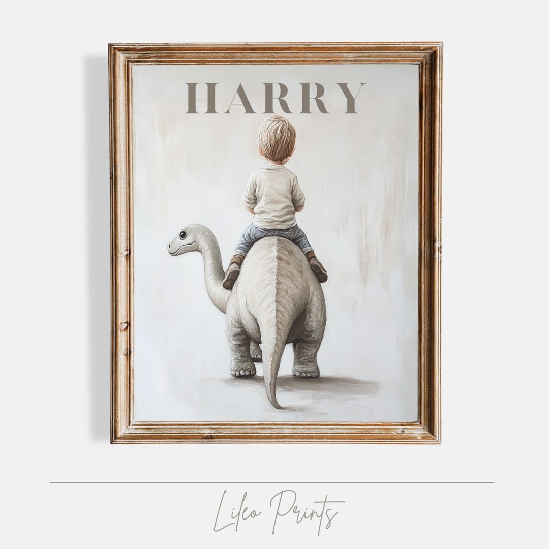 Custom Name Wall Art Little Boy Riding a Dinosaur Painting Diplodocus ...