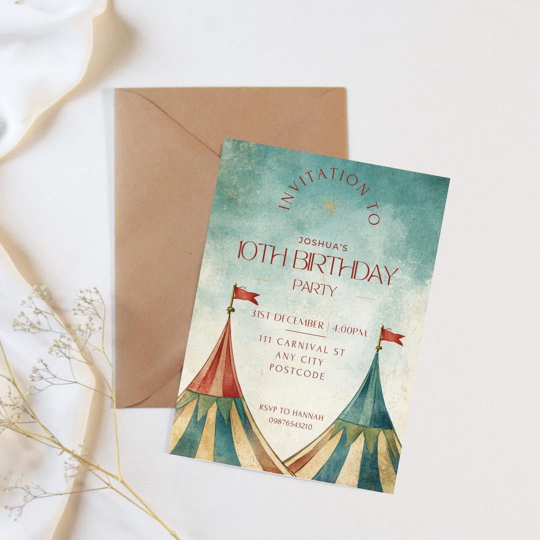 Vintage Retro Circus Theme Party Invite | Birthday Party Carnival ...