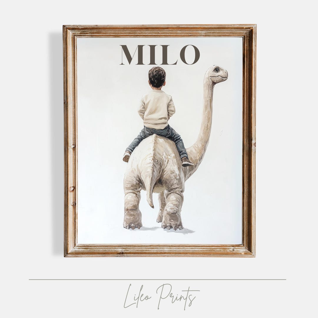 Custom Name Wall Art Little Boy Riding Dinosaur Diplodocus Painting ...