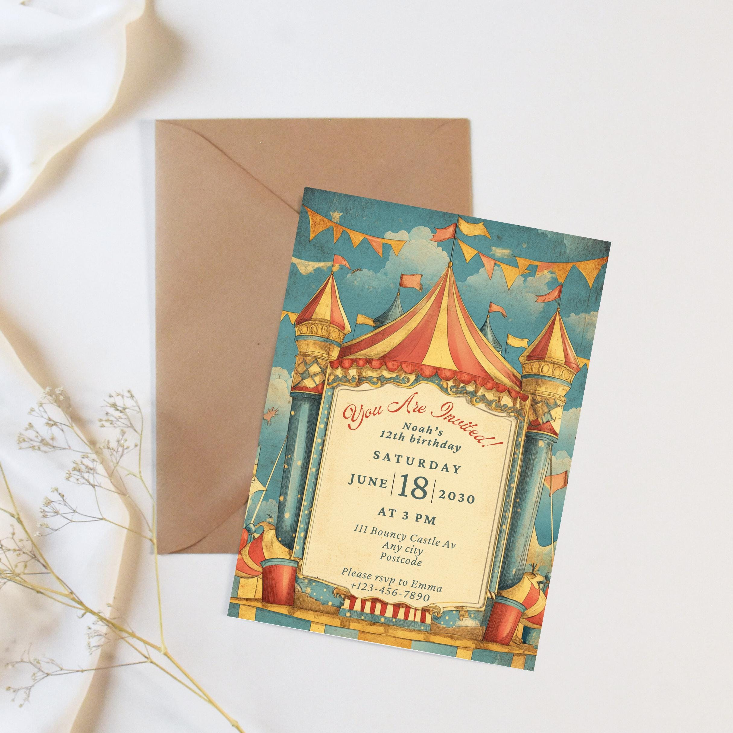 Vintage Carnival Birthday Invite Children Bouncy Castle Bouncy House ...