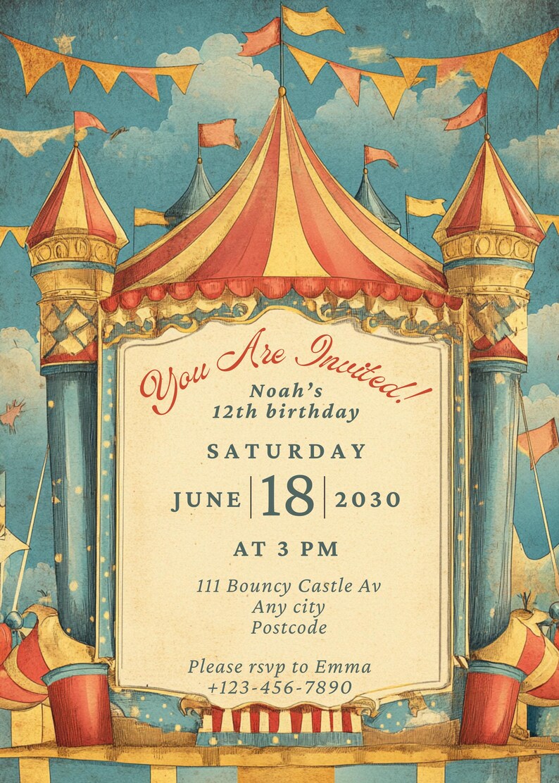 Vintage Carnival Birthday Invite Children Bouncy Castle Bouncy House ...
