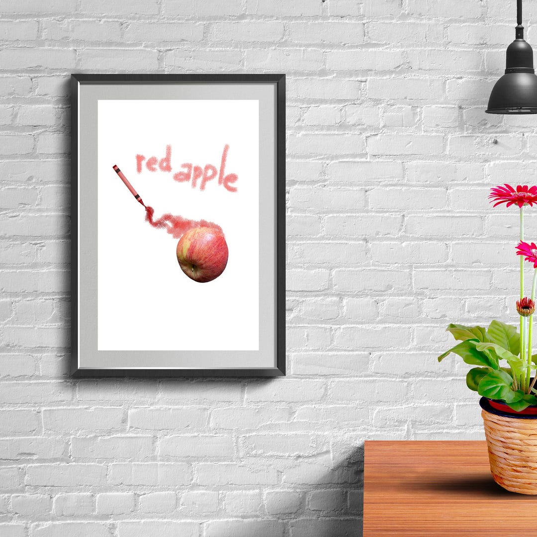 Red Apple Crayon Wall Art – Mixed Media Printable Kitchen Decor ...