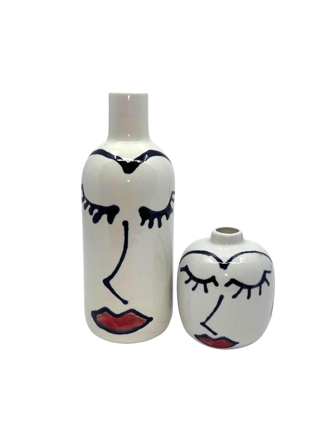 Face Line Art Ceramic Vase Set of 2 – 7” & 3” Hand Painted Modern Decor ...