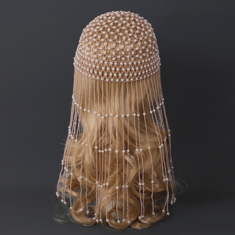 1920s Flapper Cap Headpiece With Pearl Tassels – Art Deco Beaded Gatsby ...