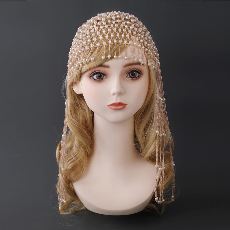 1920s Flapper Cap Headpiece With Pearl Tassels – Art Deco Beaded Gatsby ...