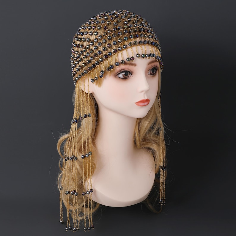 1920s Flapper Cap Headpiece With Pearl Tassels – Art Deco Beaded Gatsby ...