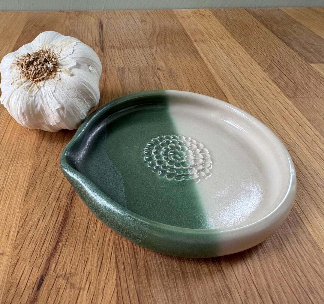 Ceramic Kitchen Garlic Grater Plate in an Ombré Effect Forest Green Overlapped Transparent Glaze ...