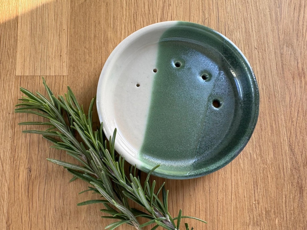 Handmade Ceramic Herb Stripper Plate: Overlapped Forest Green and White ...