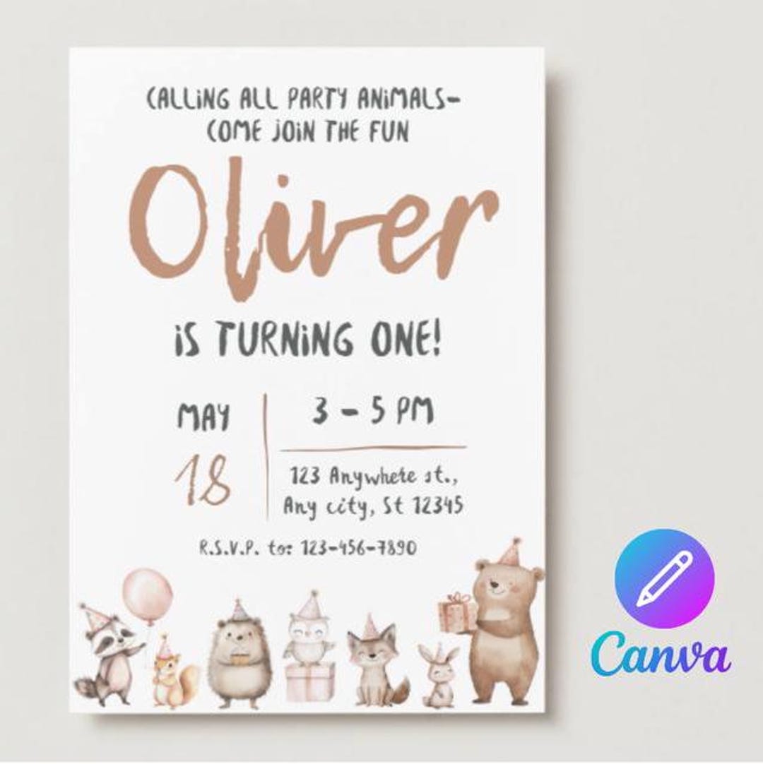 Editable Woodland Party Animals Birthday Party Invitation | Woodland ...