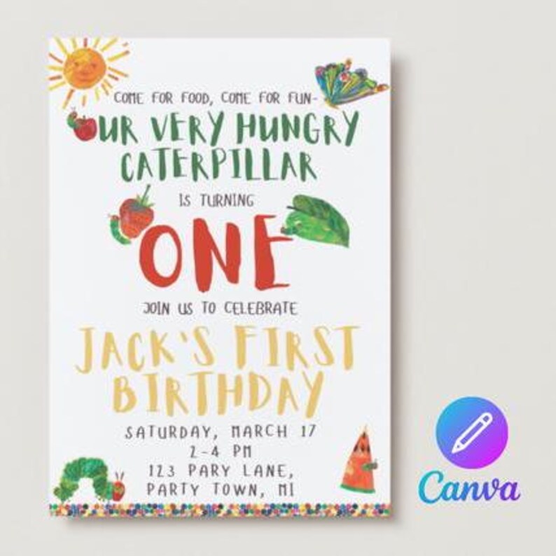 Editable the Very Hungry Caterpillar FIRST Birthday Party Invite | Very ...