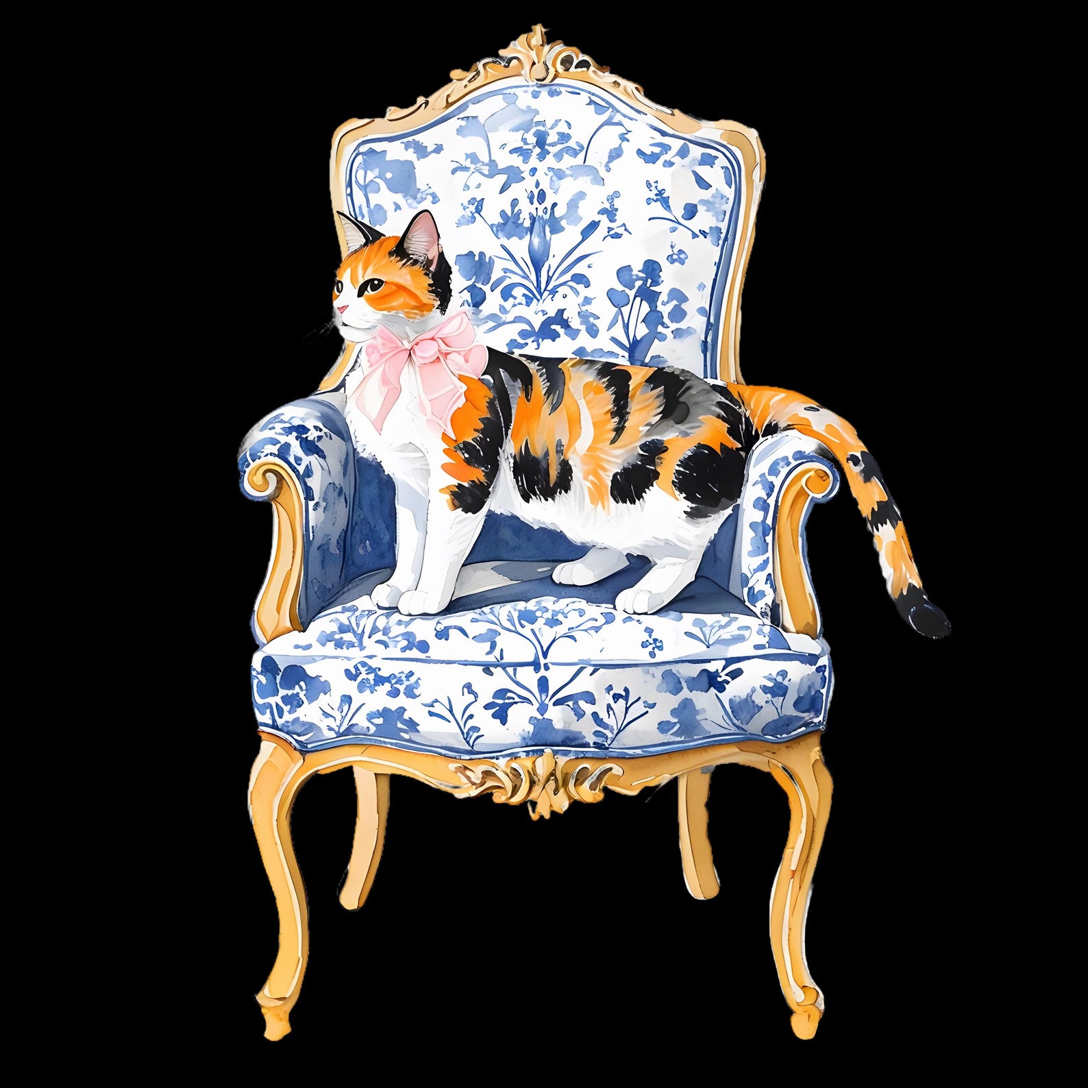 Calico Cat Rococo Art PNG, Chinoiserie Cat, Blue Willow, Grand ...