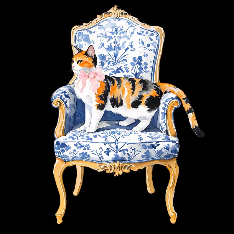 Calico Cat Rococo Art PNG, Chinoiserie Cat, Blue Willow, Grand ...