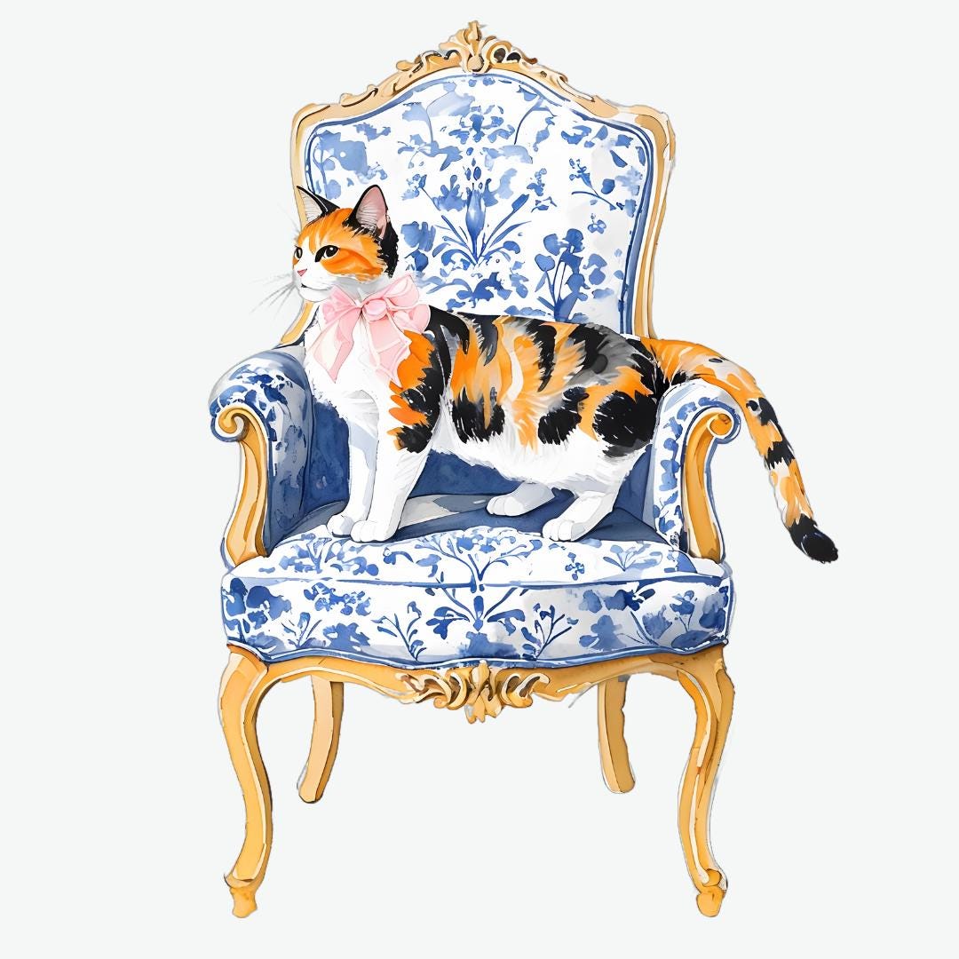 Calico Cat Rococo Art PNG, Chinoiserie Cat, Blue Willow, Grand ...