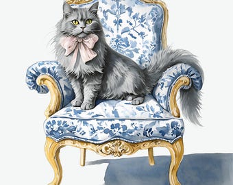 Calico Cat Rococo Art PNG, Chinoiserie Cat, Blue Willow, Grand ...