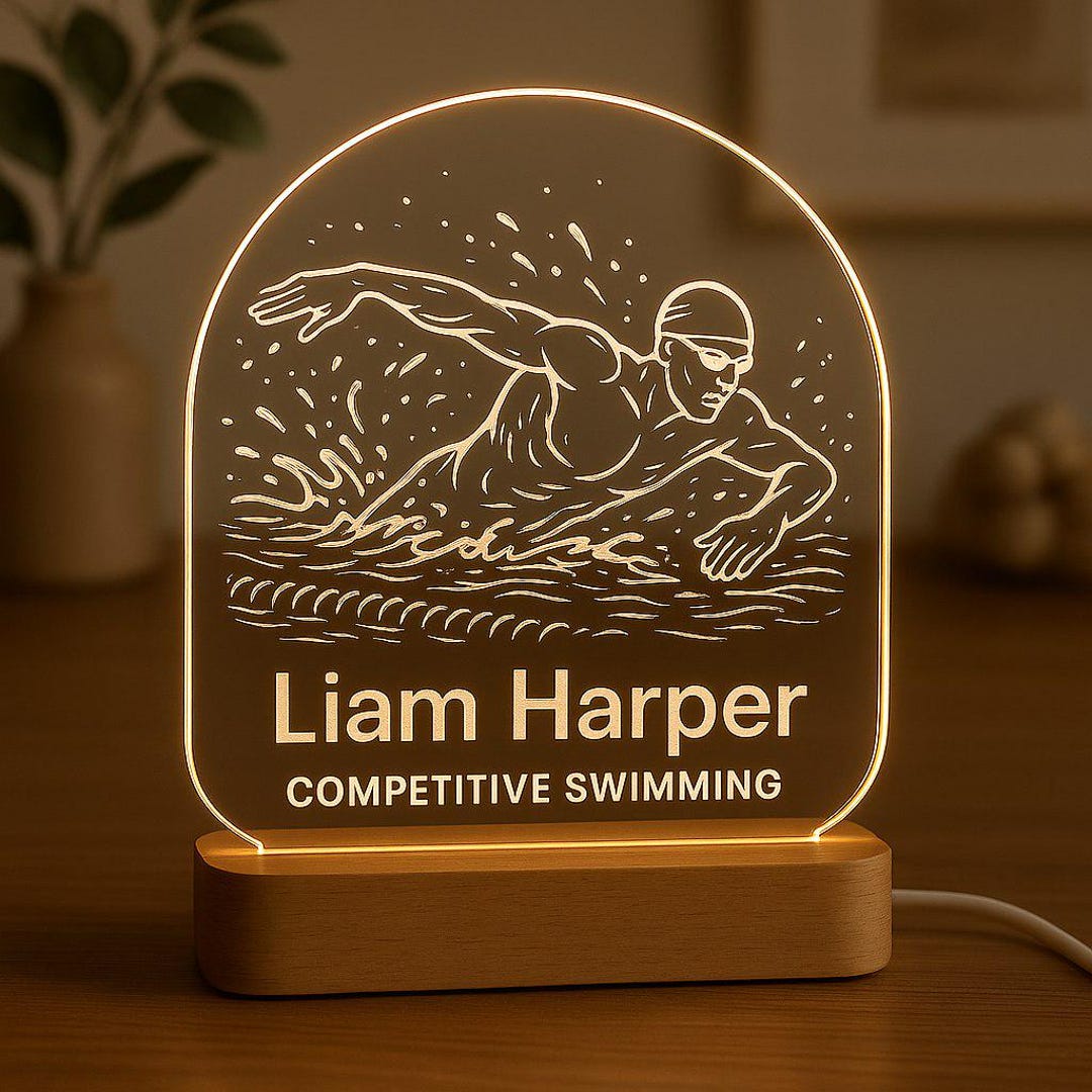 Personalized Swimmer Gift: Laser Engraved LED Night Light With Wooden ...