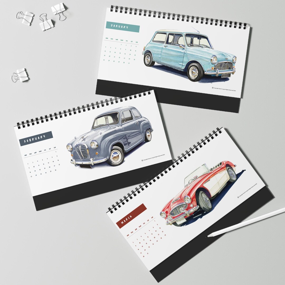 Watercolor Desk Calendar 2026 - Classic English Cars, Vintage Car Lover ...