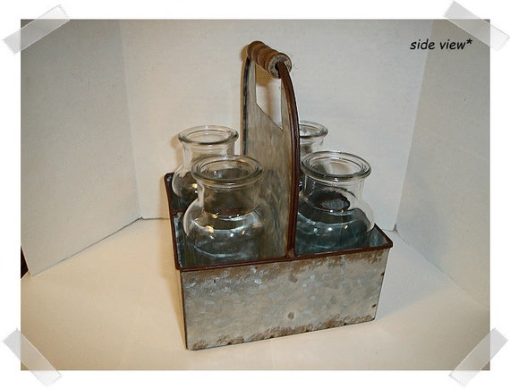 Metal Square Caddy With Handle/ 4 Glass Bottles/aged | Etsy