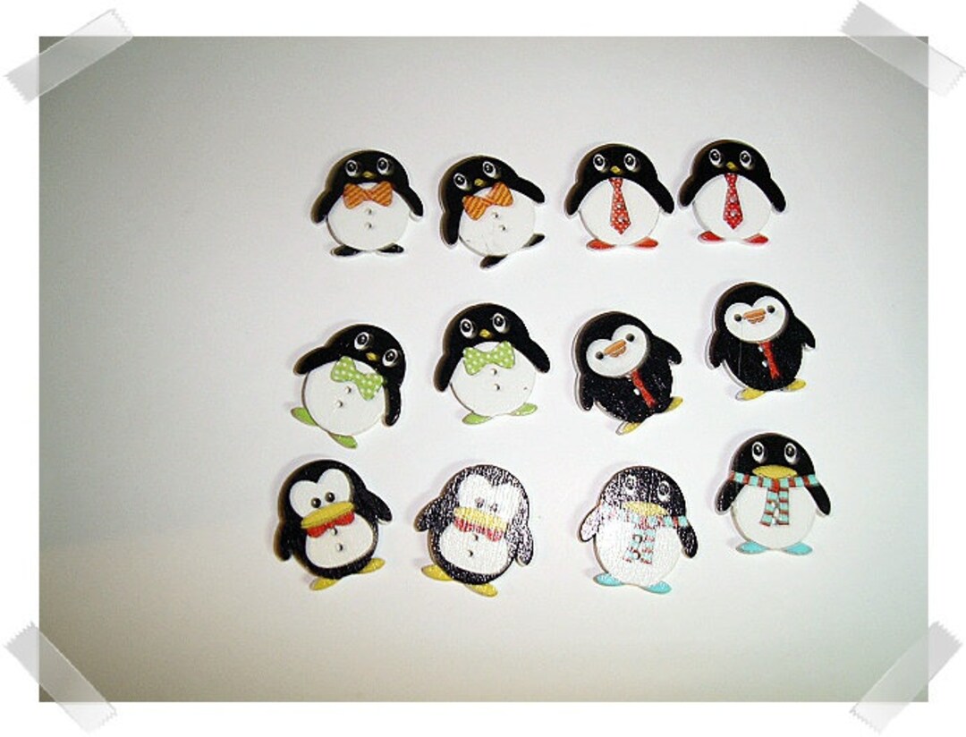 Painted Wooden Buttons/ Penguins OR Leaves Buttons/ 2 Sets to Choose ...