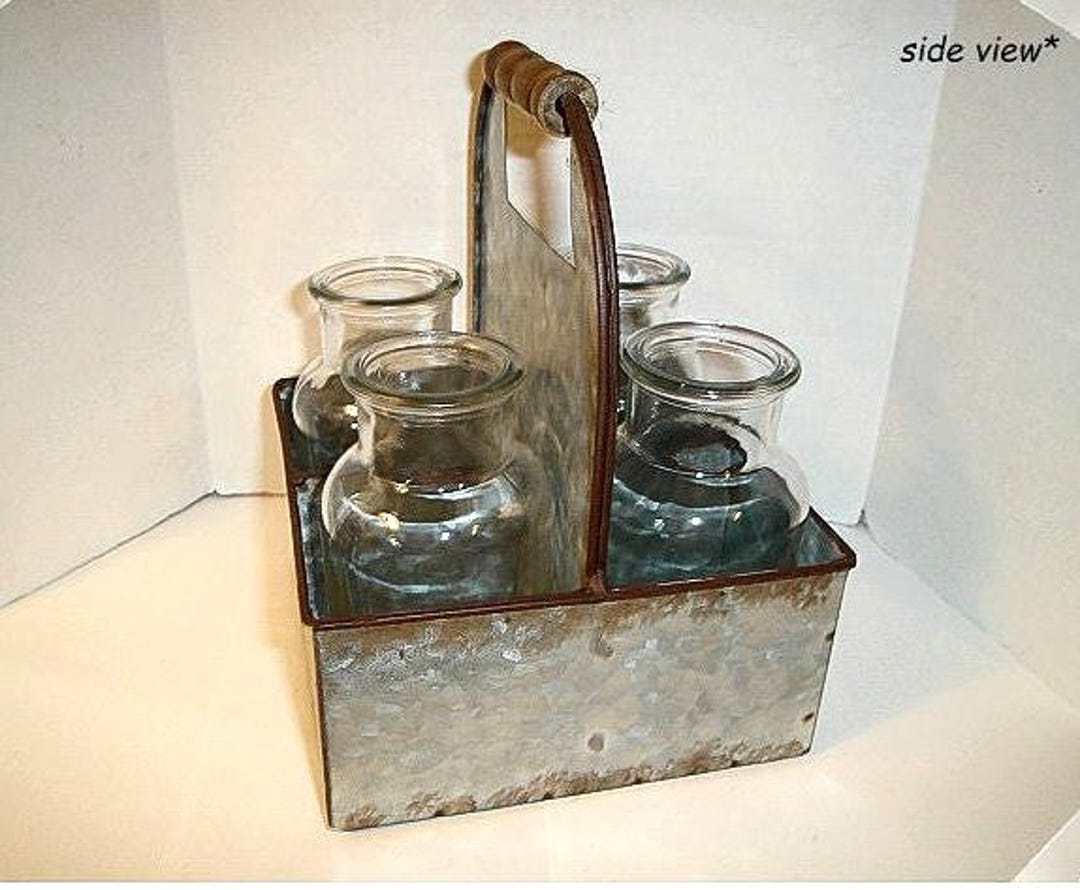 Metal Square Caddy With Handle/ 4 Glass Bottles/aged Finish/home ...