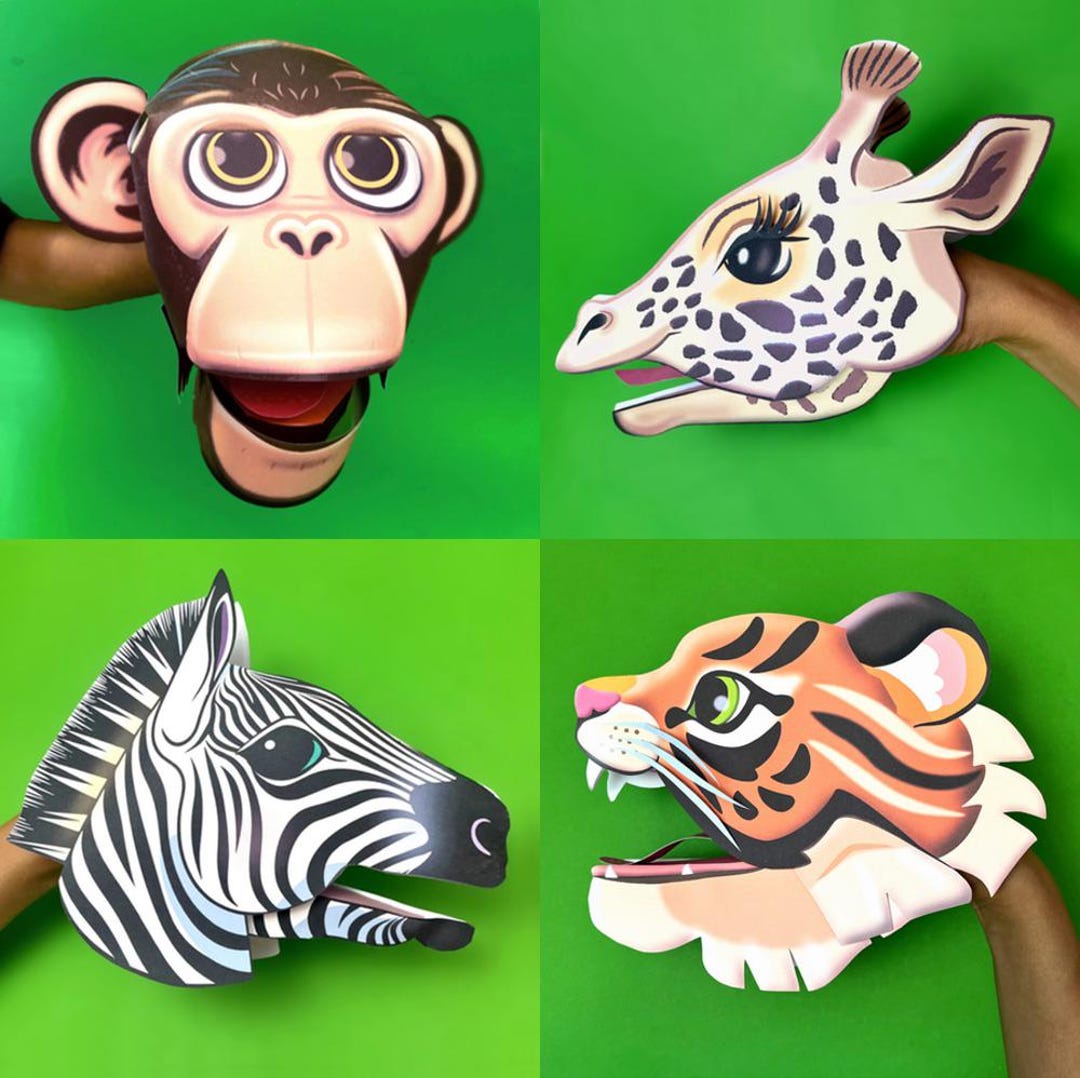 4 DIY Wild Animal Puppet Craft Kit: Monkey, Giraffe, Zebra, Tiger (PDF ...