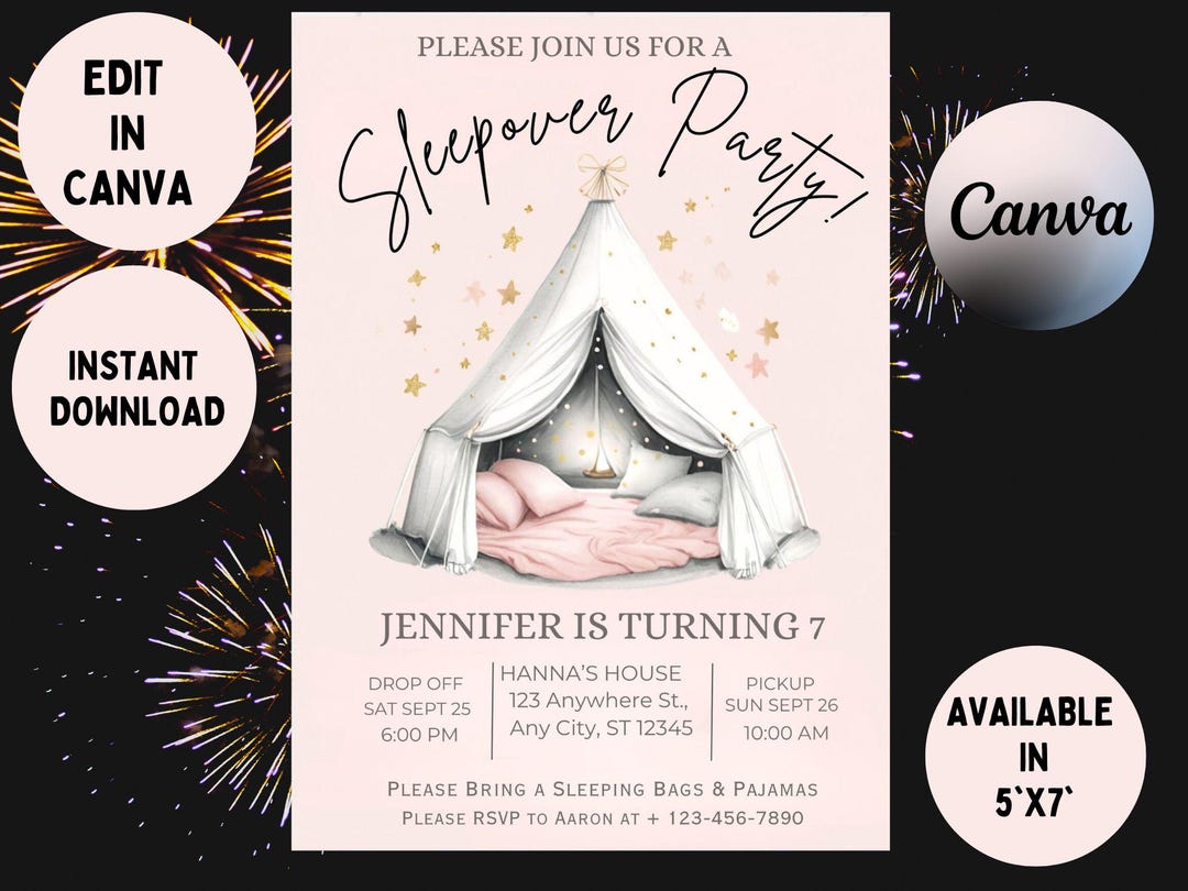 Sleepover Birthday Minimalist Invitation Set Slumber Party Invite Girl ...