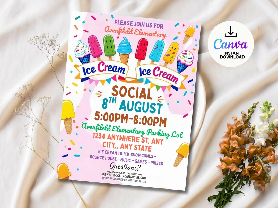 Editable Ice Cream Social Flyer Template, Printable Sundae Social ...