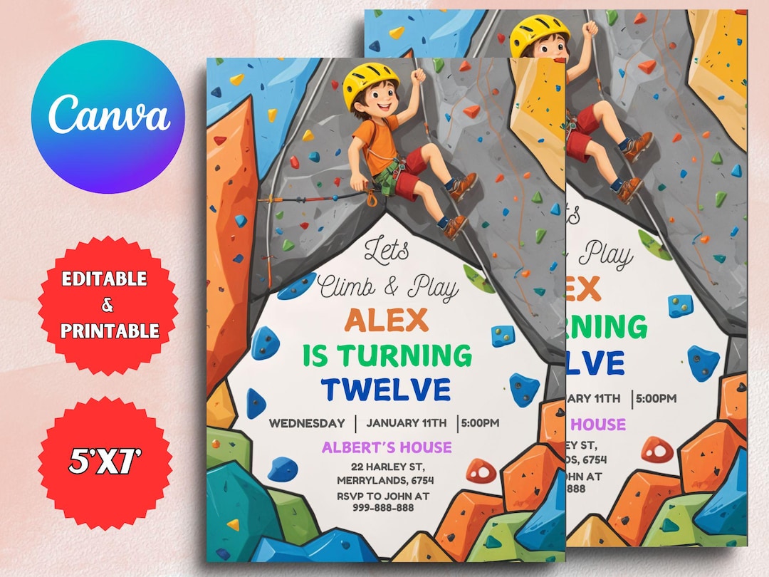 Editable Rock Climbing Birthday Invite, Indoor Climbing Wall Invite ...