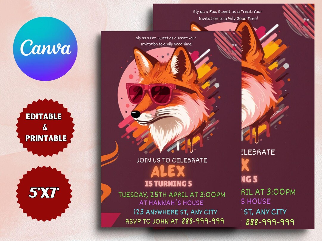 Editable Fox Birthday Invitation, Minimalist Fox Birthday Party Invite ...