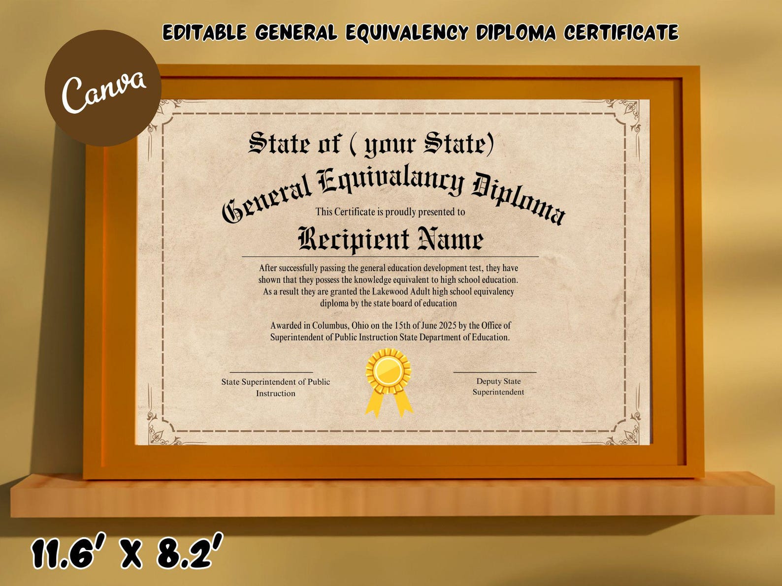 GED Diploma Certificate Template: Editable School Equivalency (digital ...