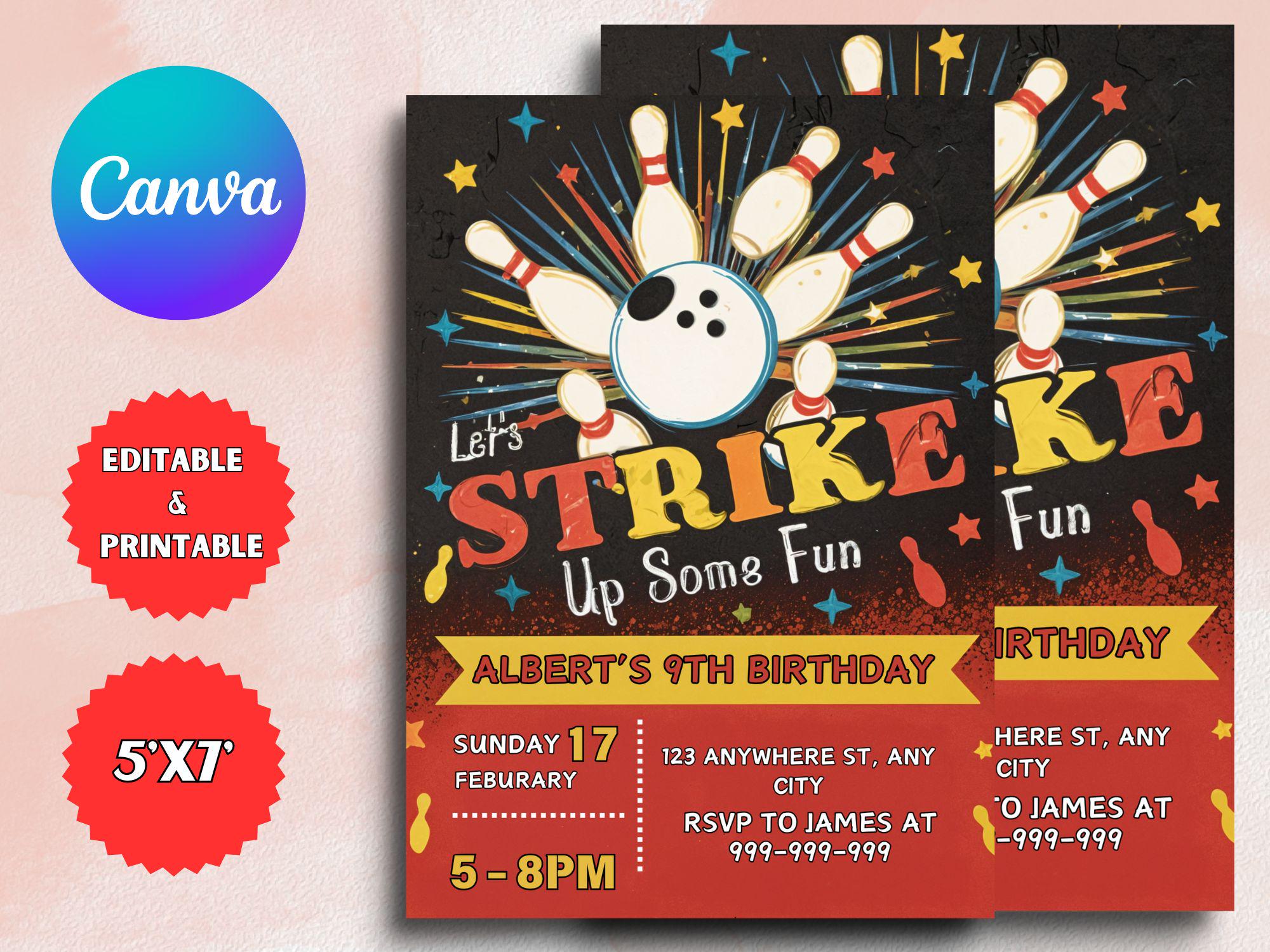 Editable Bowling Party Invitation Template, Neon Glow Bowling Birthday ...