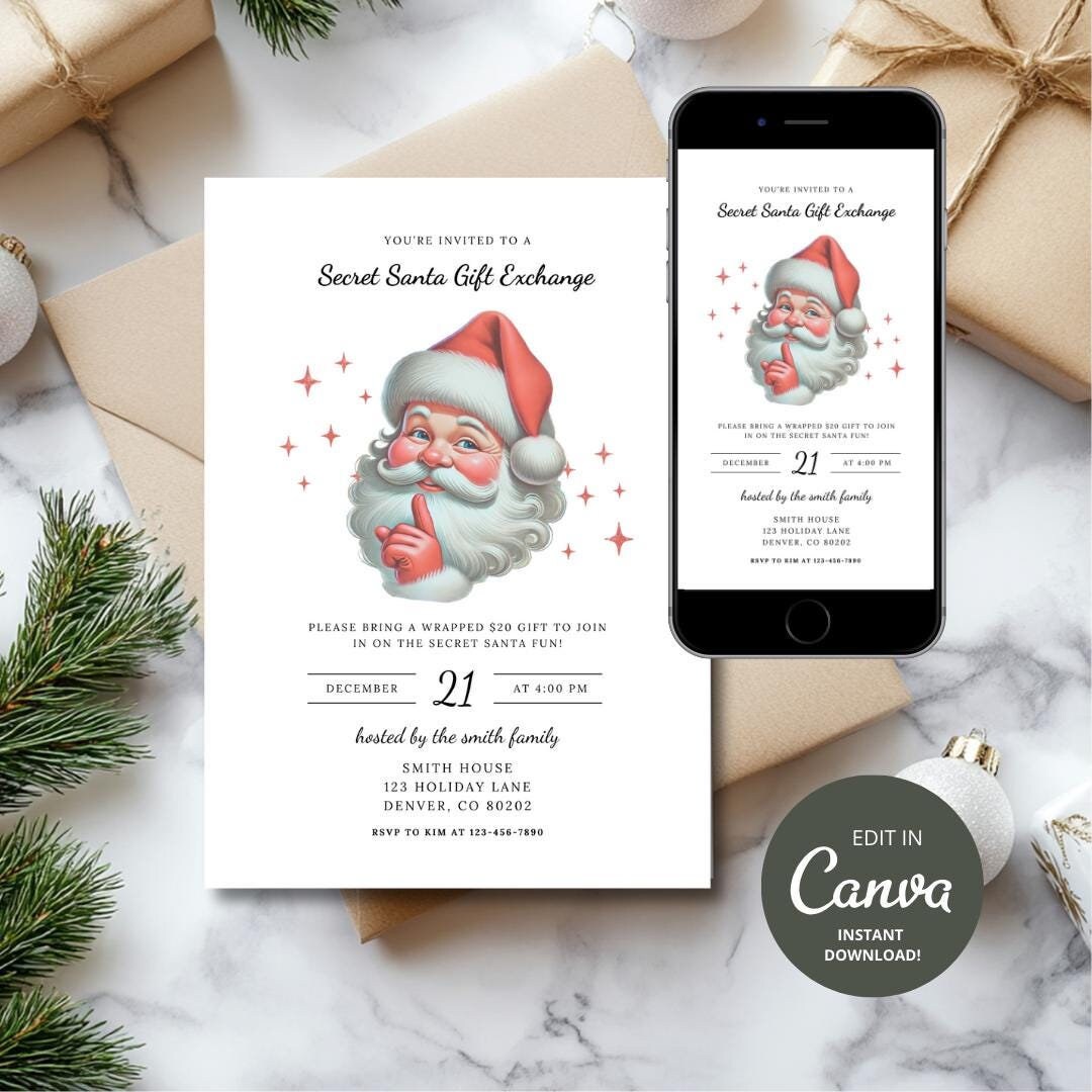 Editable Secret Santa Gift Exchange Christmas Party Invitation ...