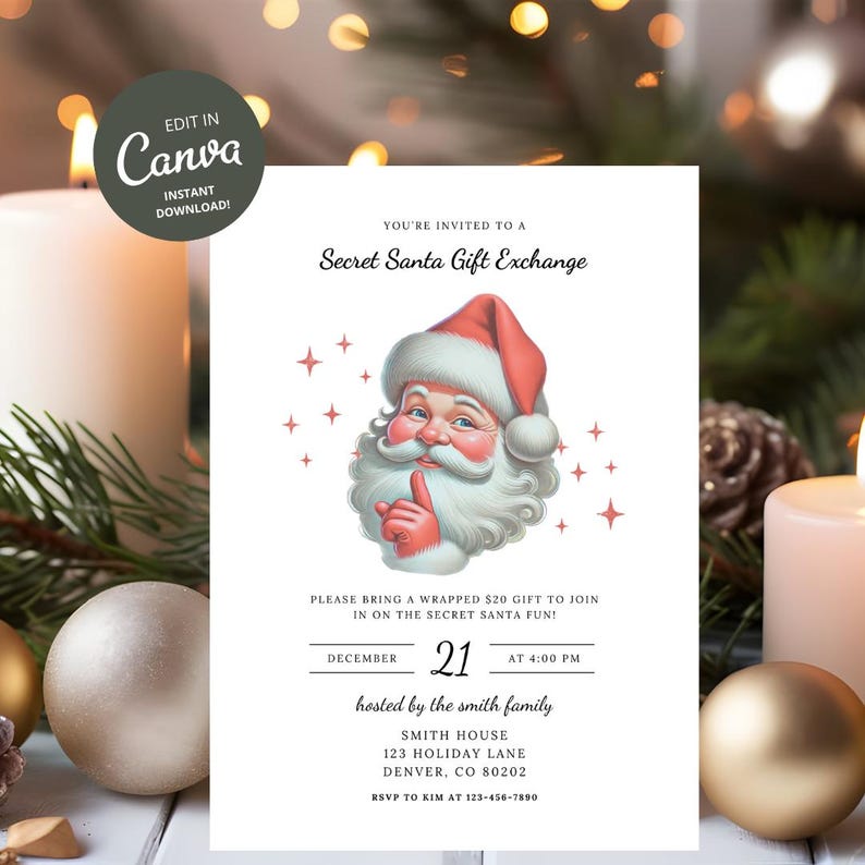 Editable Secret Santa Gift Exchange Christmas Party Invitation ...