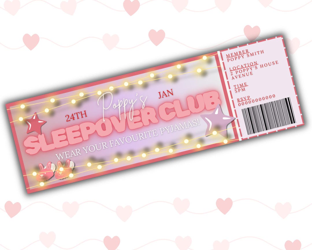 Digital Kids Sleepover Slumber Party Pyjama Party Ticket Invitation ...