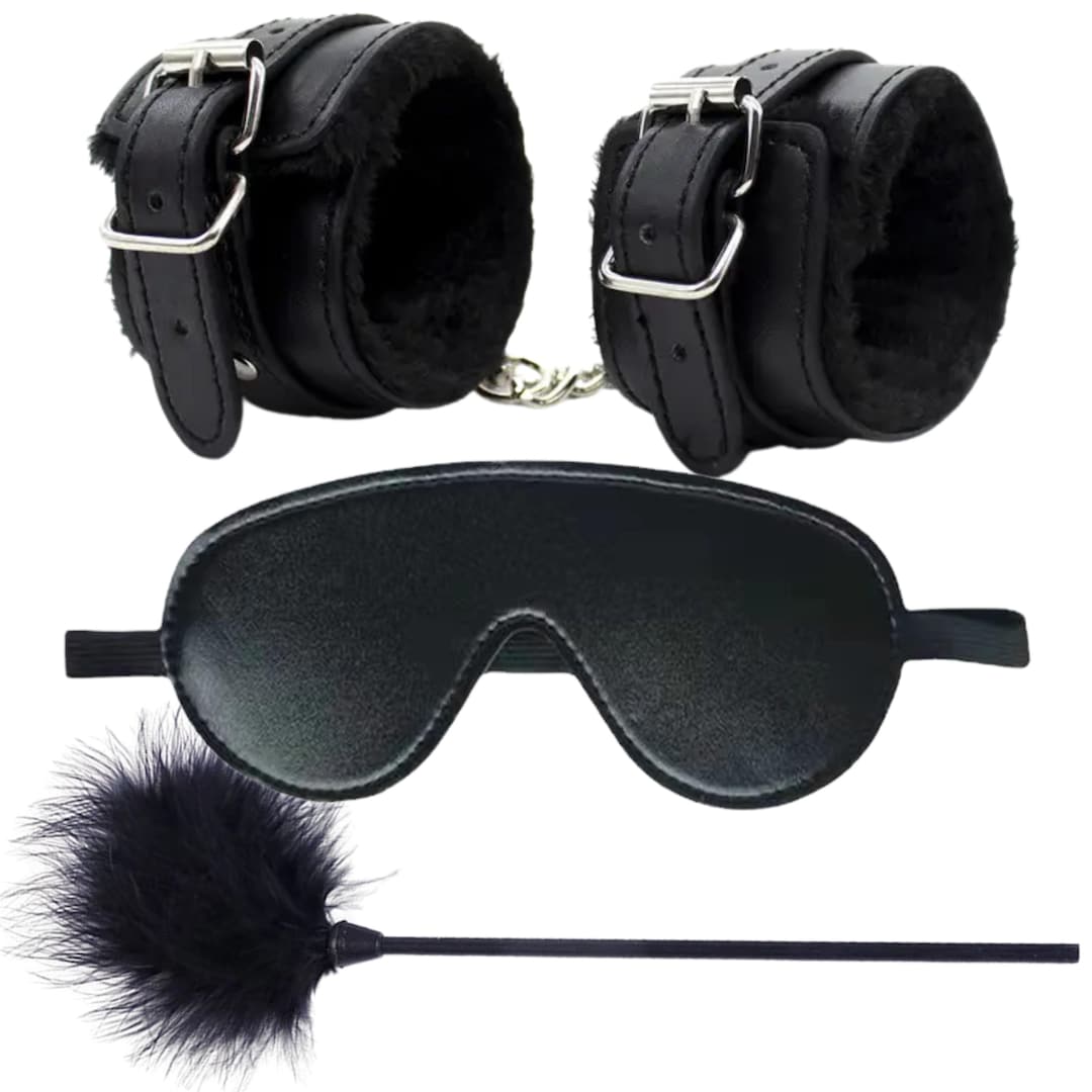 Adjustable Fuzzy Handcuffs a Velvet Lined Blindfold and a Feather ...