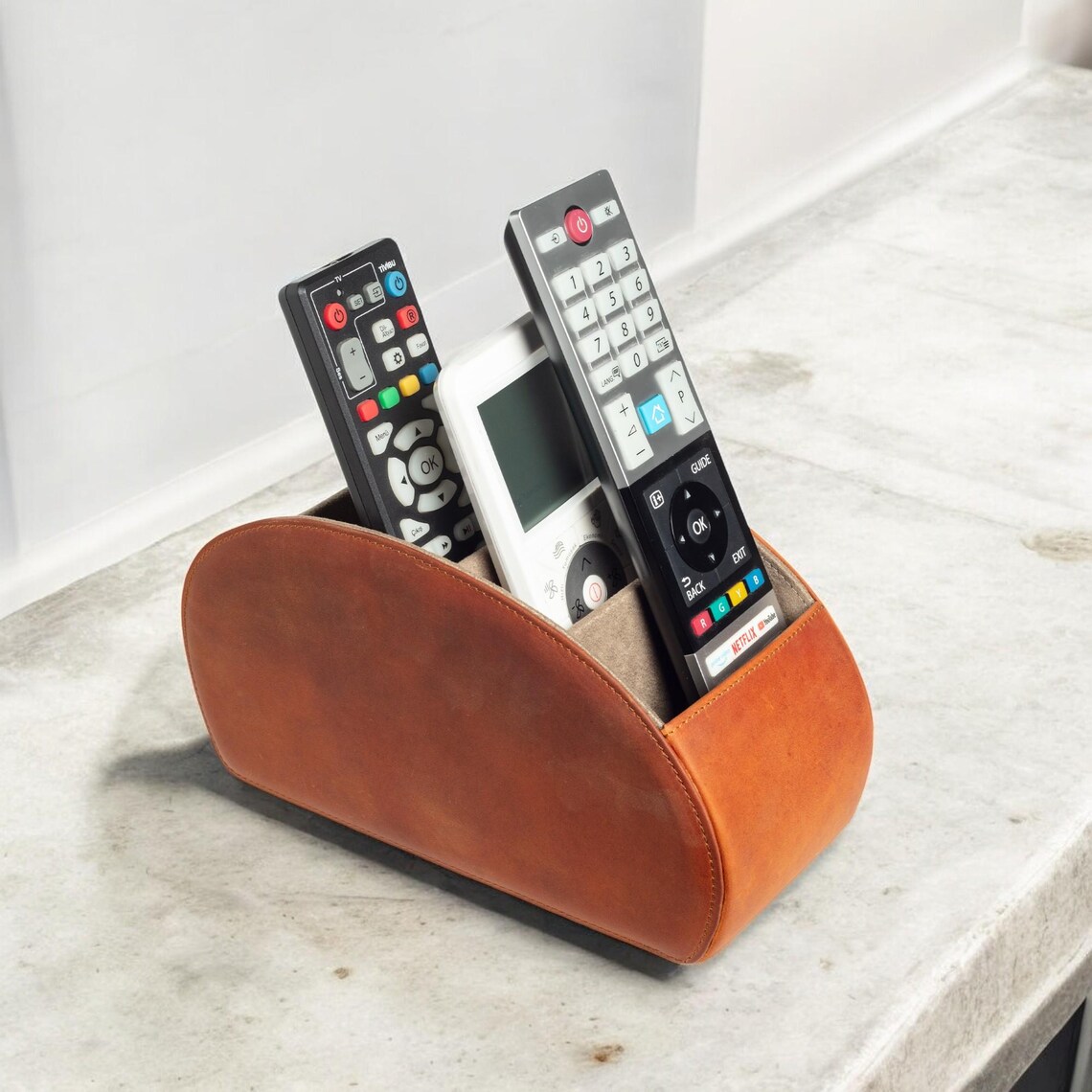 Personalized Leather Remote Control Holder, Living Room Remote Caddy ...