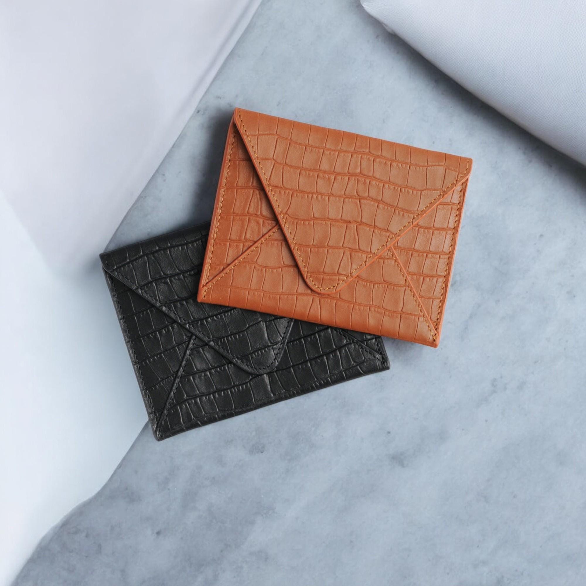 Personalized Leather Envelope Wallet, Croc Print, Monogrammed Card ...