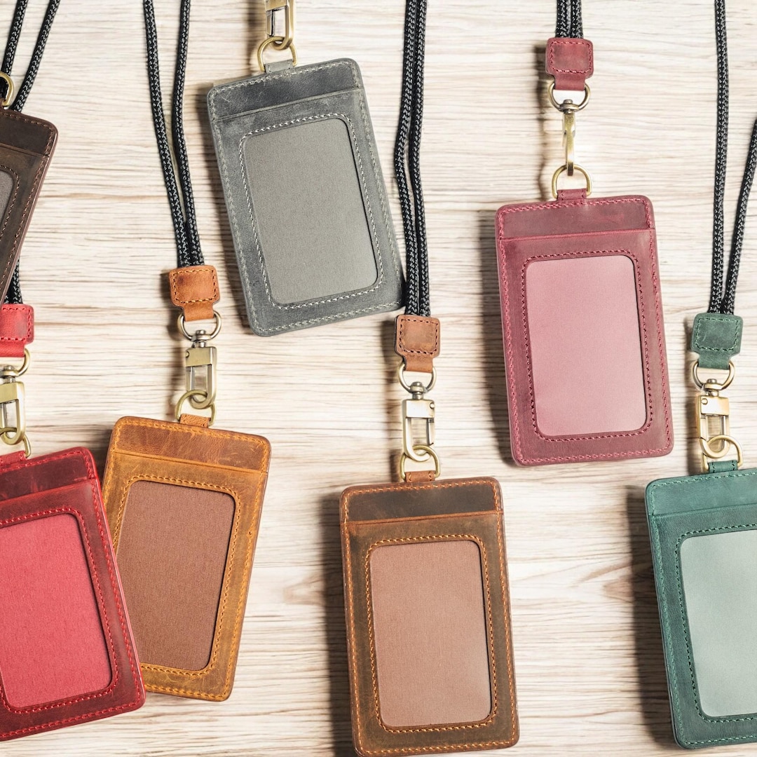 Personalized Leather ID Badge Holder With Lanyard, Handmade ID Card ...
